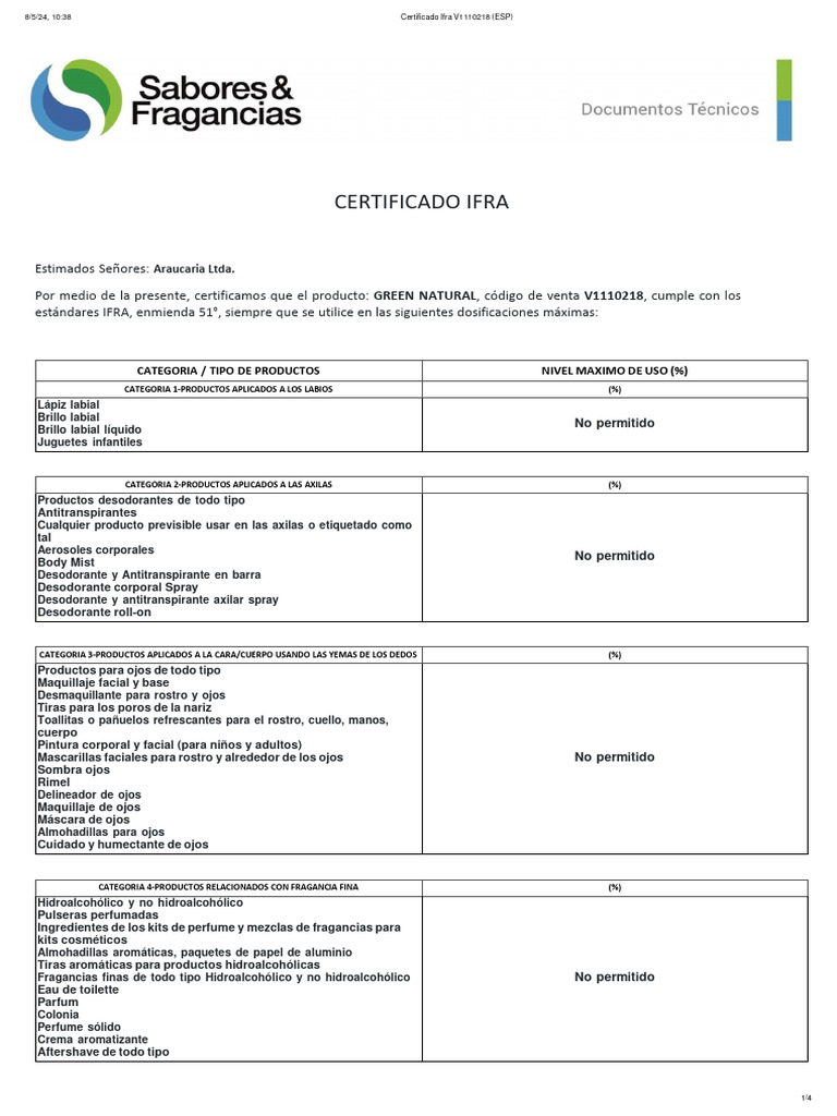 Certificado Ifra V1110218 (ESP) | PDF | Champú | Baños