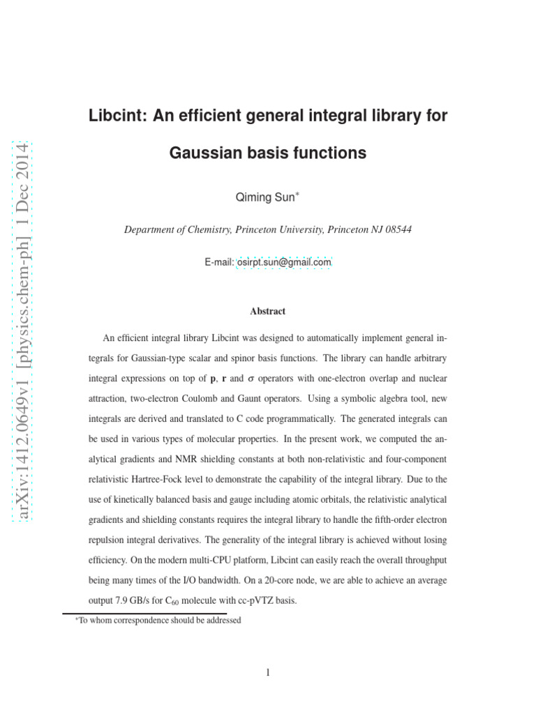 Libcint: An Efficient General Integral Library For Gaussian Basis Functions | Download Free PDF ...