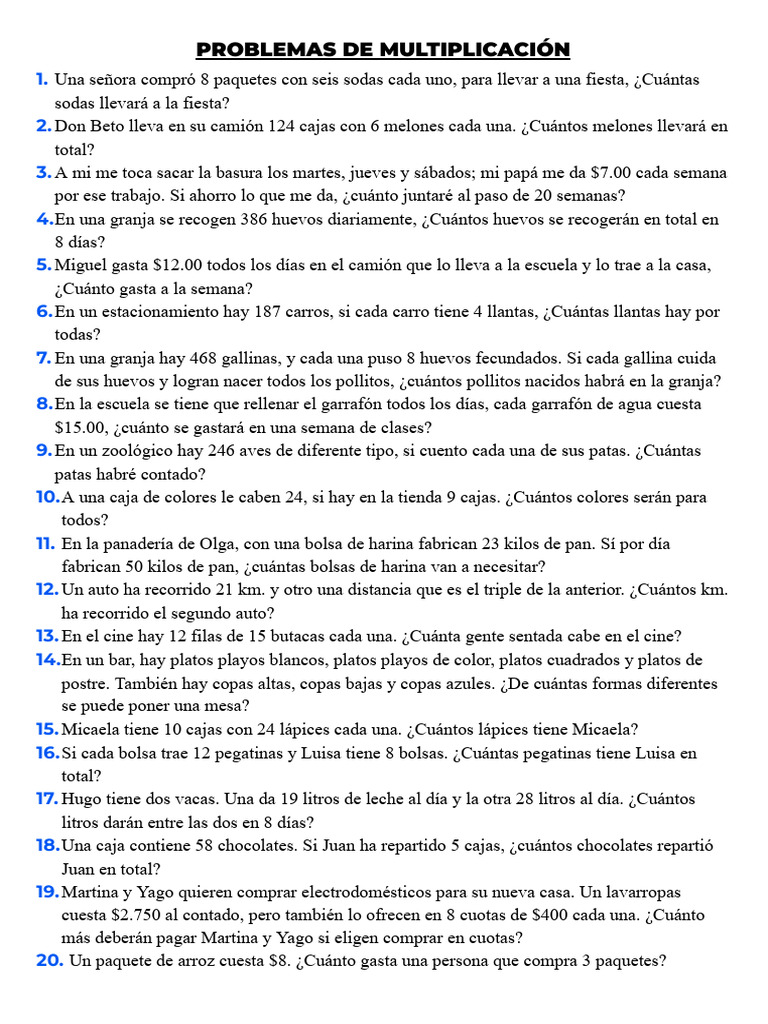 Problemas de Multiplicación | PDF | Alimentos