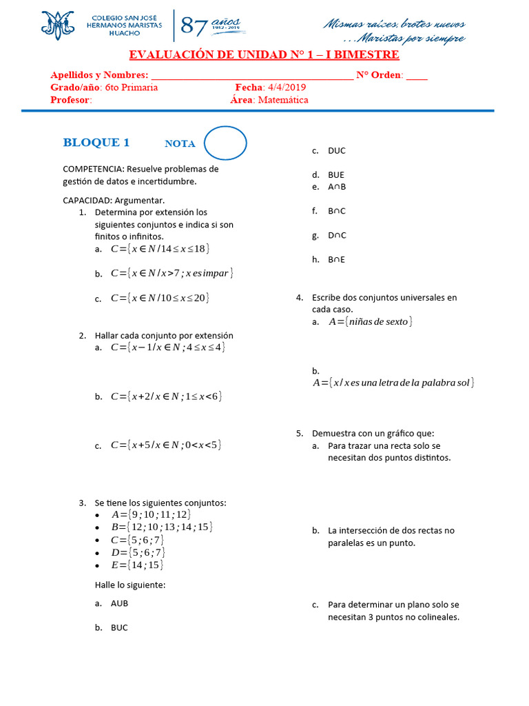 Examen Sexto Año Con Formato Mate | PDF | Matemáticas | Conceptos matemáticos