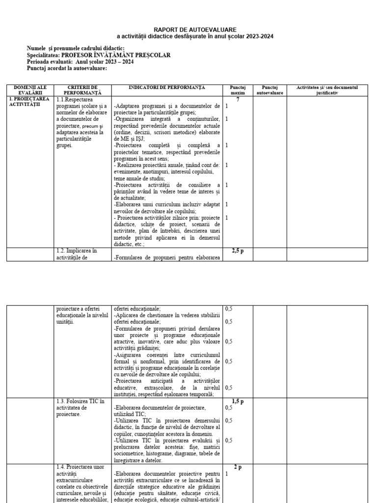 Raport Autoevaluare Cadre Didactice - 2023-2024 | PDF