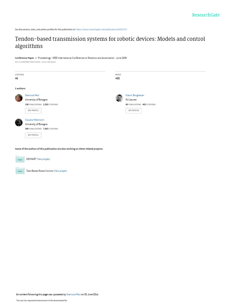 Tendon-Based Transmission Systems For Robotic DevicesModels and Control Algorithms | PDF ...