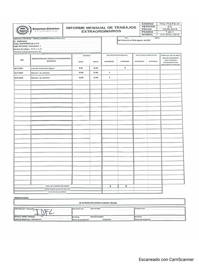 Horas Extras Agosto | PDF