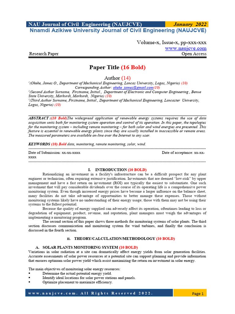 NAUJCVE Paper - Template-Jan-2022 | PDF | Photovoltaics | Solar Power