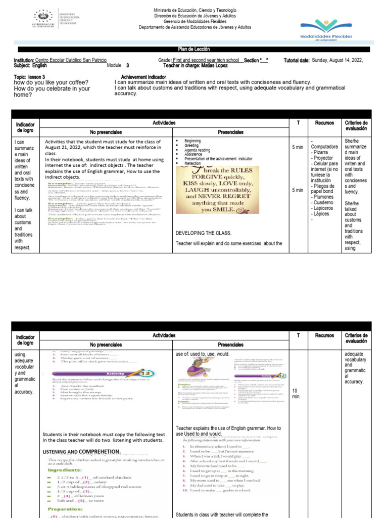 Planificacion Bachillerrato Lesson 3 Unit 3 Fecha 14 de Agosto de 2022 | PDF | Linguistics ...
