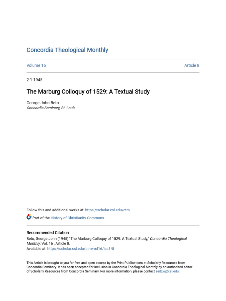The Marburg Colloquy of 1529 - A Textual Study | PDF | Martin Luther | Eucharist