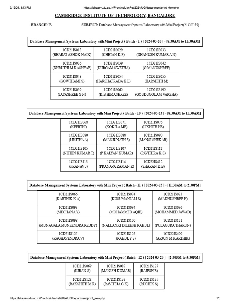 21csl55 Dbms Laballotment 15 March 2024 | PDF | Databases | Data Management Software