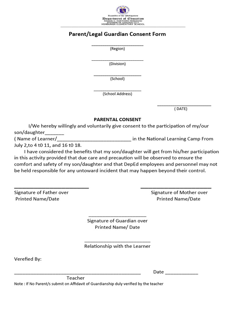 Parent Consent Form for Learning Camp | PDF