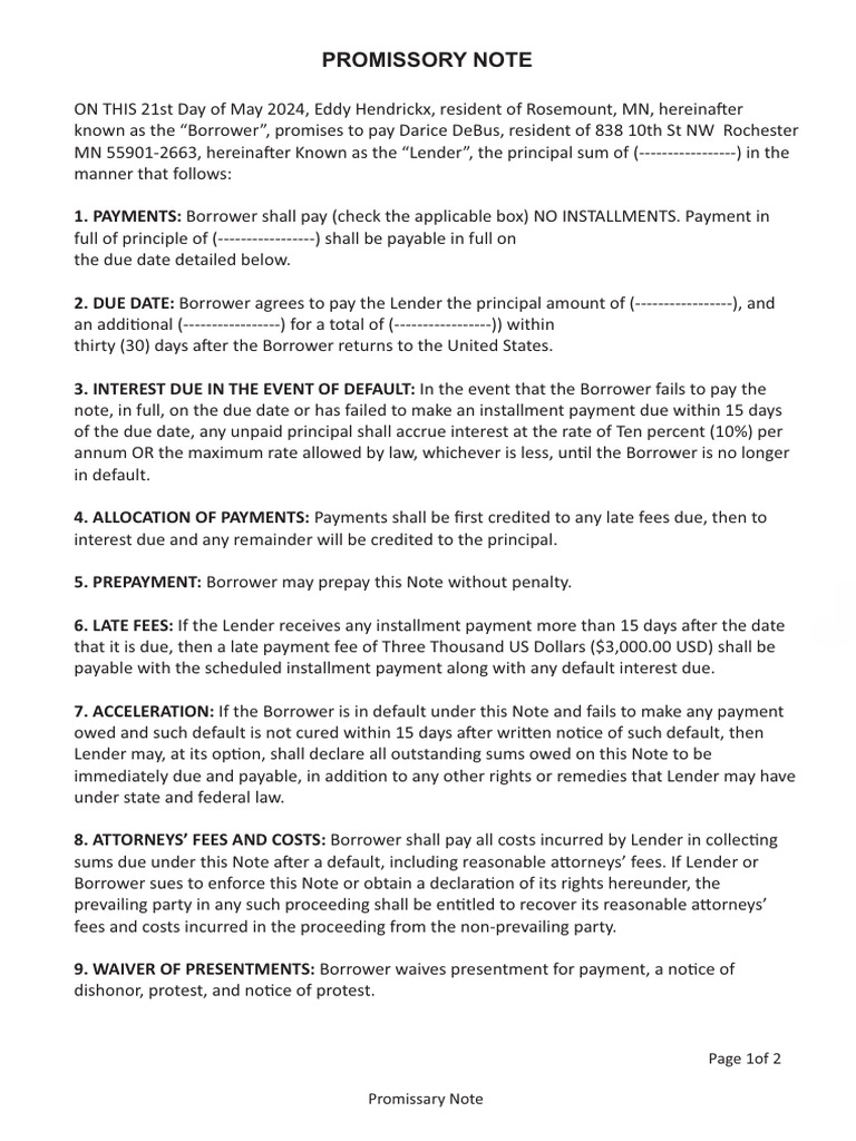 Promissory Note | PDF | Interest | Promissory Note