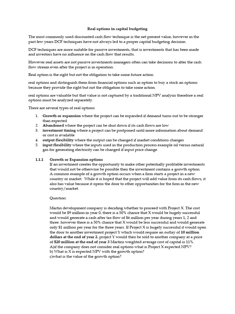 Real Options in Capital Budgeting Analysis | PDF | Net Present Value ...