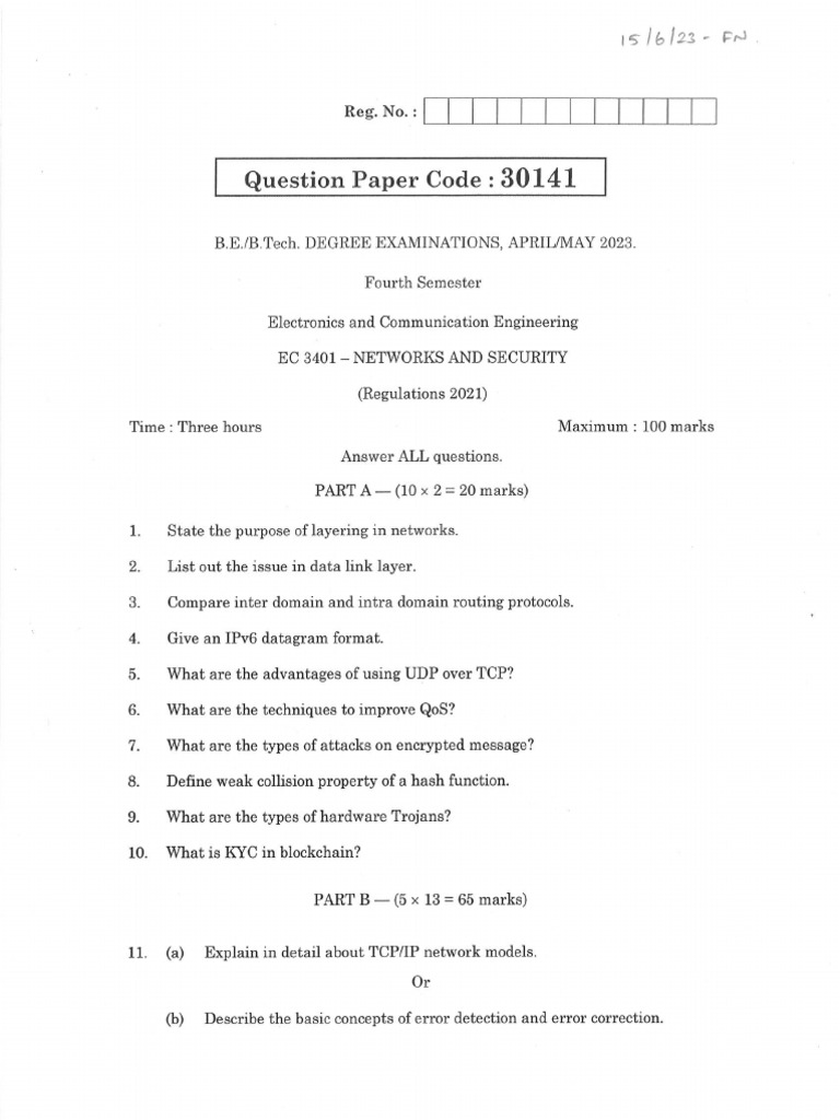 Network Security University Question Papers | PDF | Computer Network ...