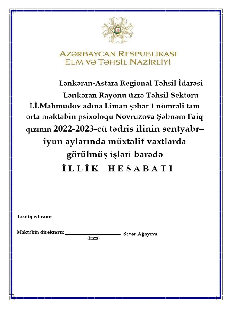 İLLİK HESABAT - 2022-2023-Psixoloq | PDF