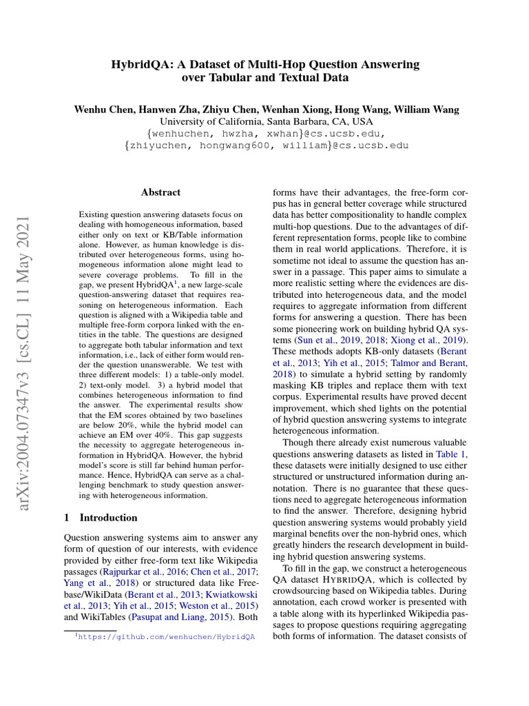 HybridQA A Dataset of Multi-Hop Question Answering Over Tabular and Textual Data by Jiaqi Guo Et ...