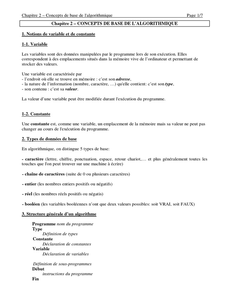 Chapitre 2 - Concepts de Base de L - Algorithmique | PDF | Variable (informatique) | Programme ...