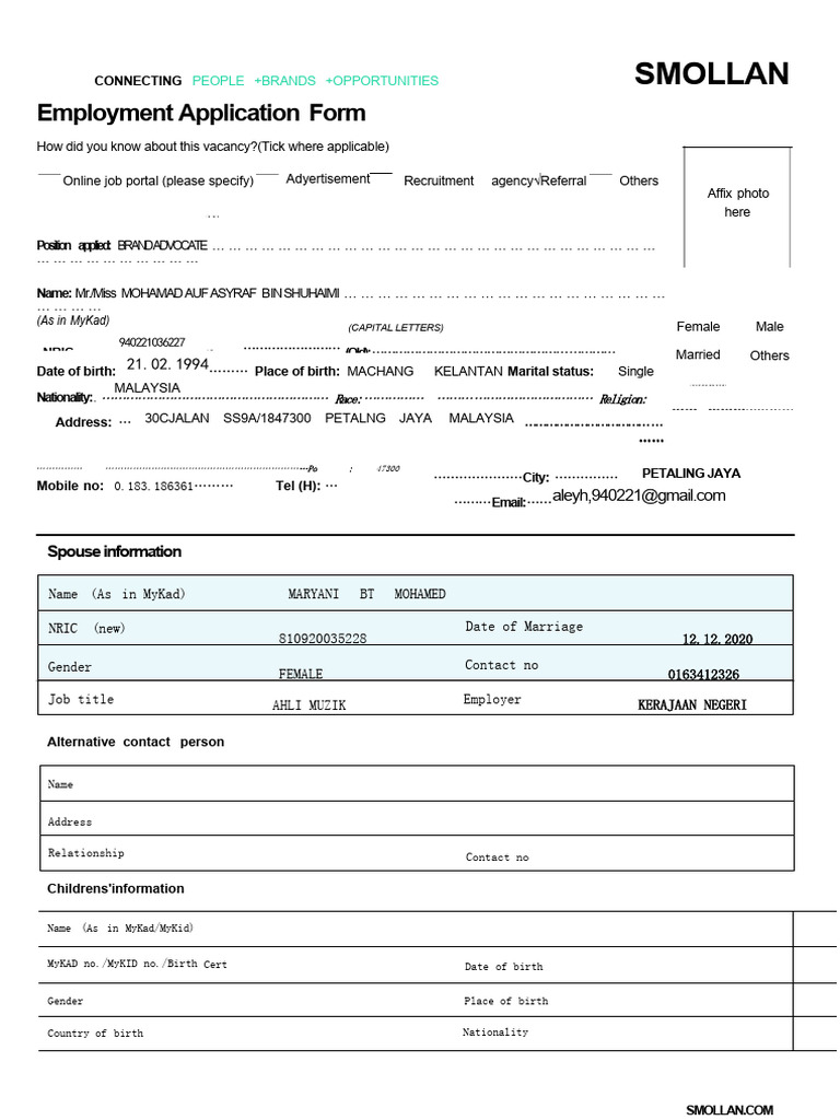 Smollan Employment Application Form | PDF | Legal Liability | Employment