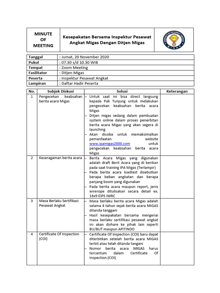Draft Notulen Rapat Kesepakatan Bersama Antara Ditjen Migas Dan IPA | PDF