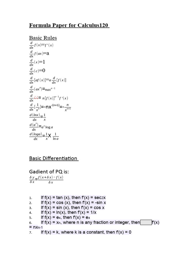 Calculus 120 Differentiation and Integration Formulas | PDF ...