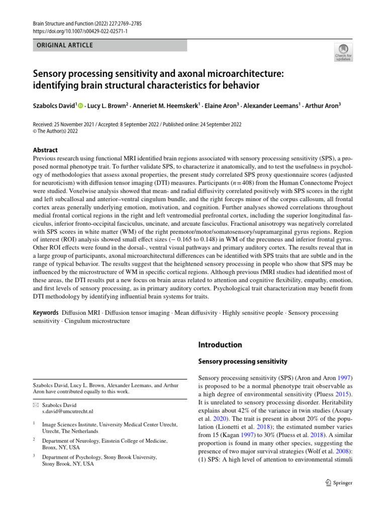 Sensory Processing Sensitivity and Axonal Microarchitecture: Identifying Brain Structural ...
