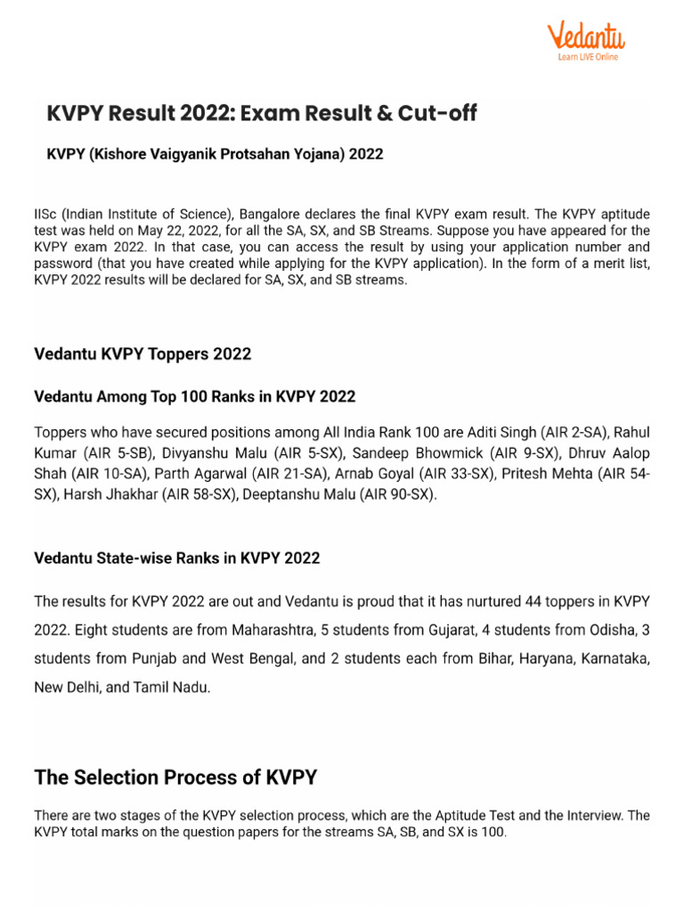 KVPY Result 2022 - Exam Result & Cut-Off | PDF