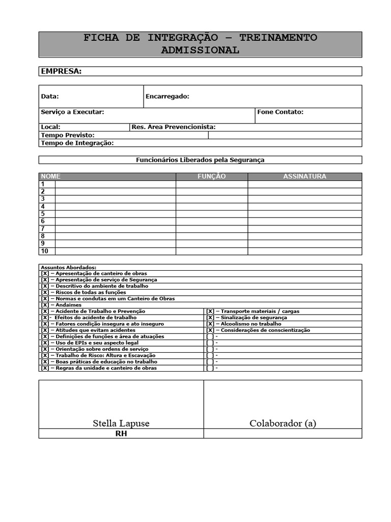 Ficha de Integração de Novos Colaboradores | PDF