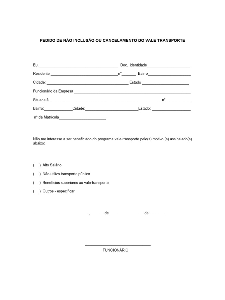 Pedido de Não Inclusão VT | PDF