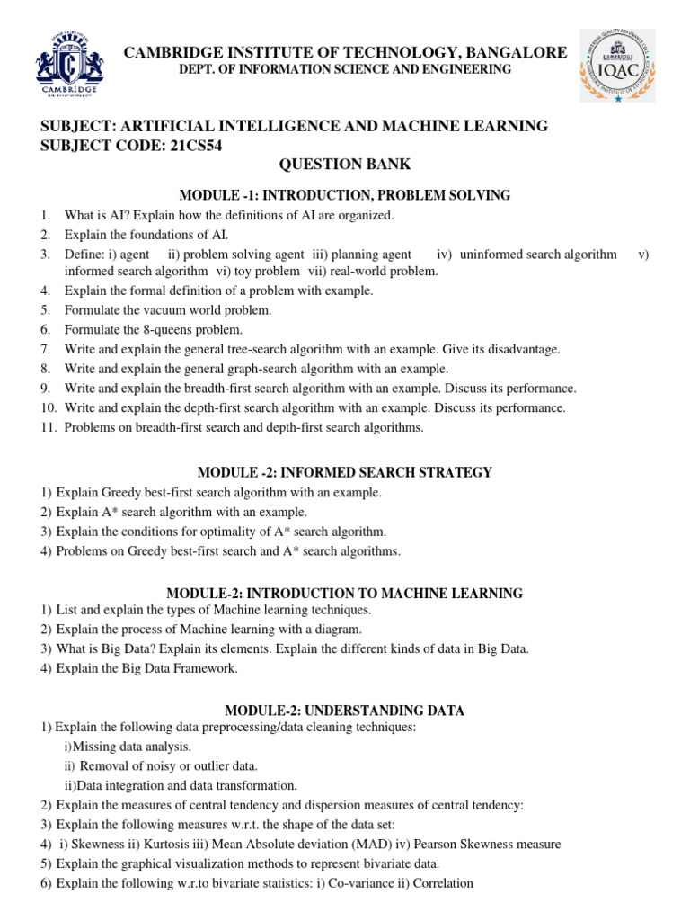 AIML - 21CS54 - IA3 - Preparatory - Question Bank-1 | PDF | Cluster ...