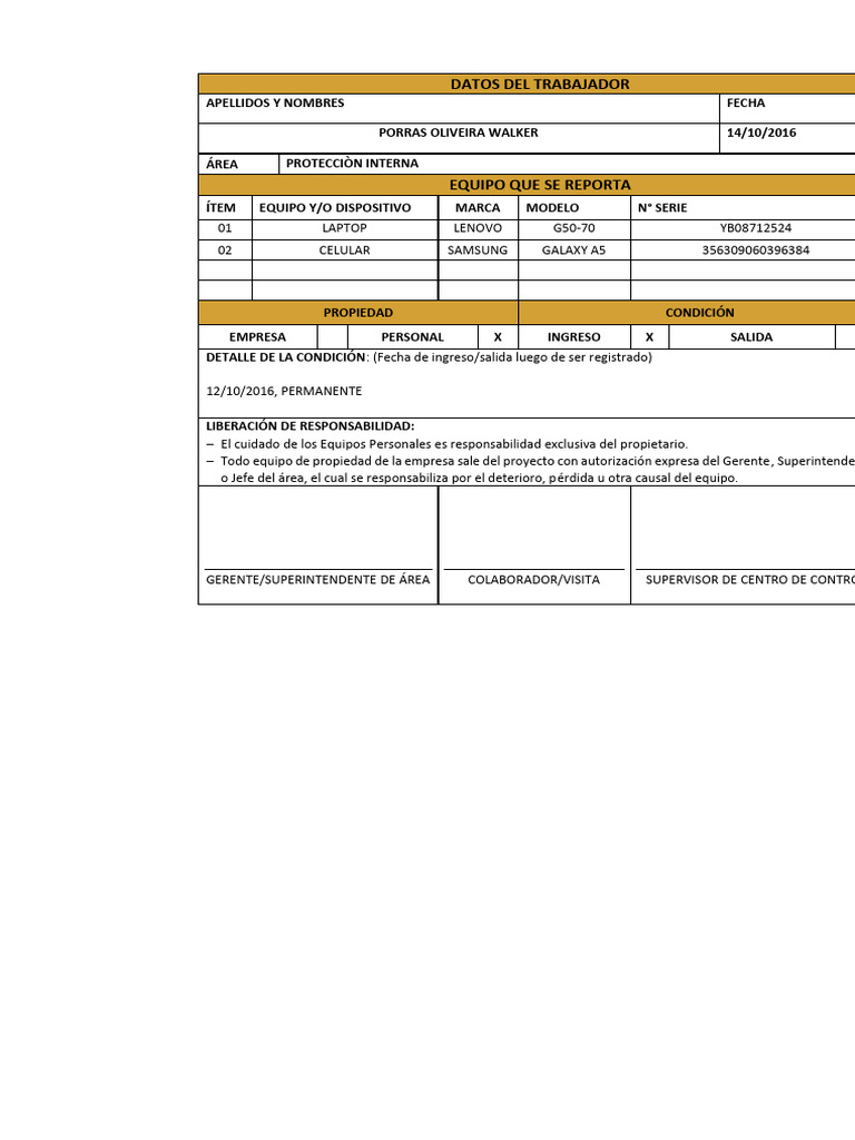 Control de Equipos SH-17-PRC-005-FRM-01 | PDF | Teléfonos móviles ...