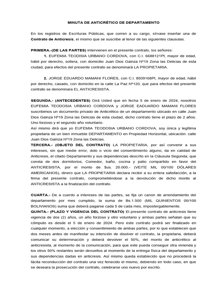 Minuta de Anticrético en Bolivia | PDF