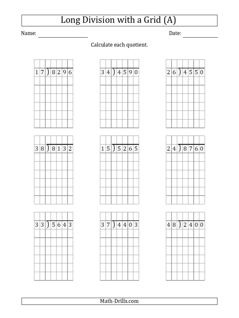 Division Long Grid 2digit Divisor 4digit Dividend No Remainders 001. ...