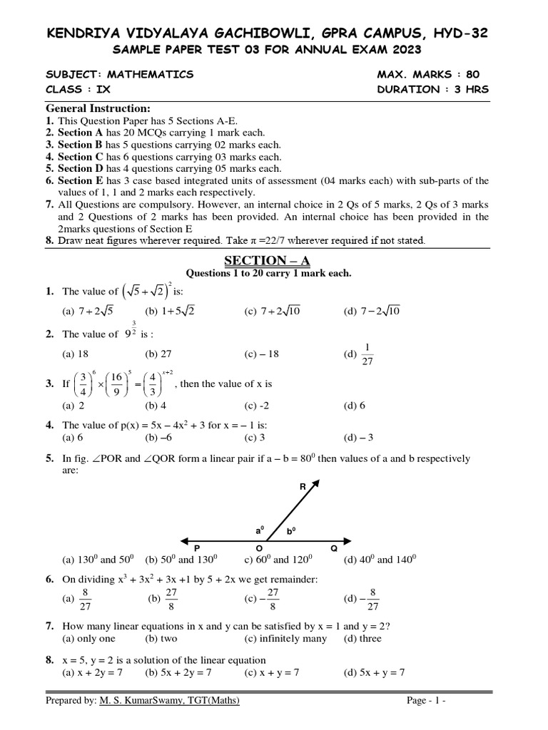 Class IX Mathematics Sample Paper 2023 | PDF | Area | Triangle