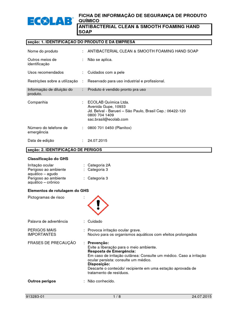 Fispq Ghs - Antibacterial Clean - Ecolab (Atualizado) | PDF ...