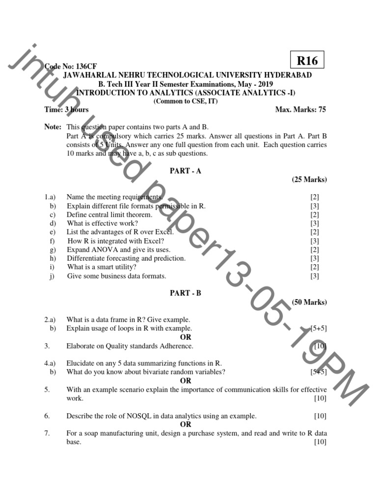 JNTUH 3-2 R16 QP Introduction To Analytics (Associate Analytics - I) May - 2019 | PDF ...
