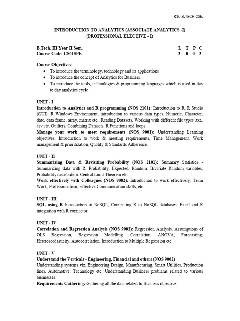 r16 - Introduction To Analytics (Associate Analytics - I) - Cse, It | PDF | Regression Analysis ...