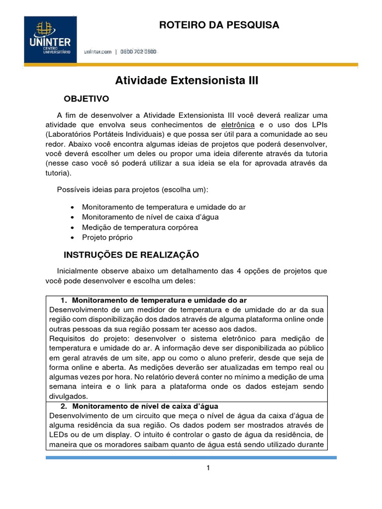 Atividade Extensionista III Roteiro Do Projeto | PDF | Medição ...