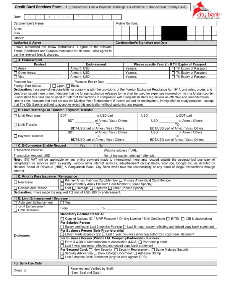 Credit Card Services Form 1 Endorsement Limit Payment Rearrange E Com ...