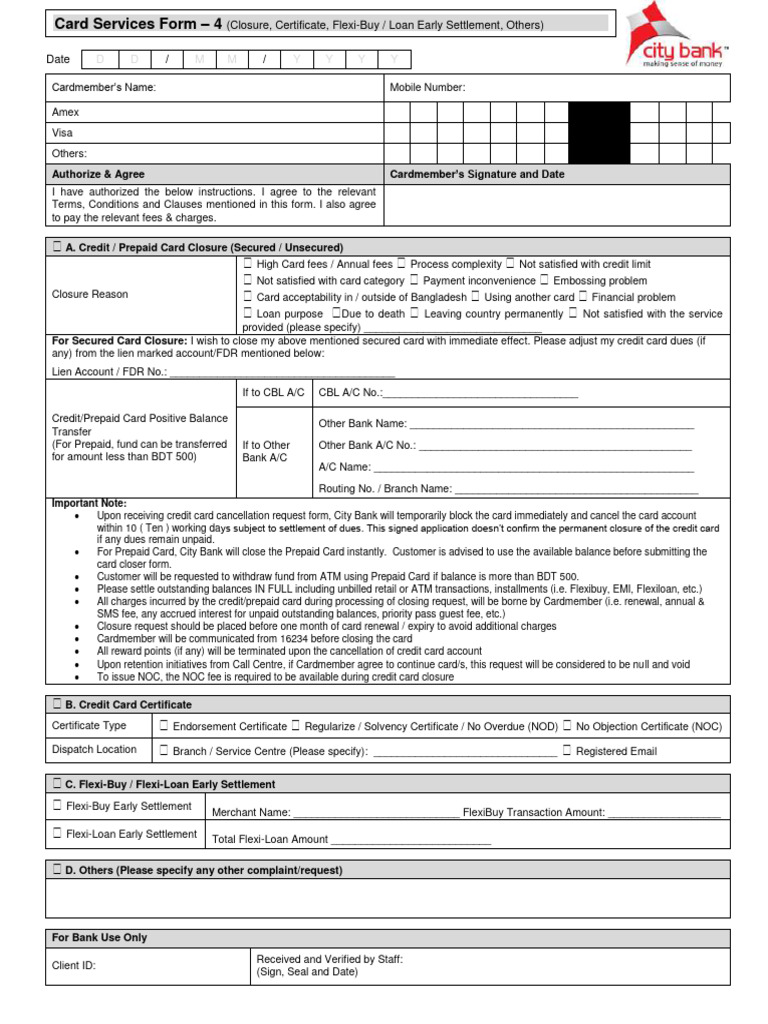 Credit Card Closure and Settlement Form | PDF | Credit Card | Debit Card