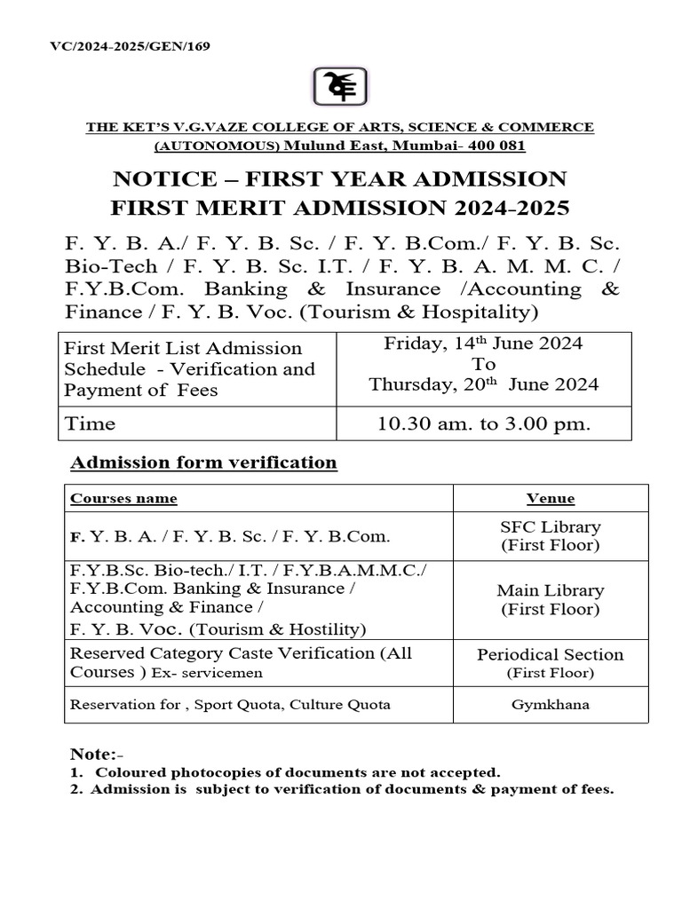Notice First Year Admission 2024 25 | PDF | Money | Service Industries