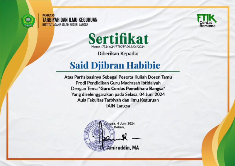 E-Certificate Kuliah Dosen Tamu PGMI - Said Djibran Habibie | PDF E-Certificate Kuliah Dosen Tamu PGMI - Said Djibran Habibie | PDF