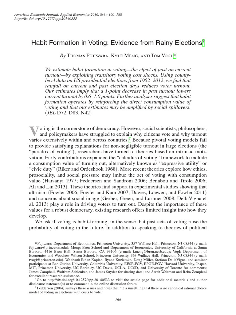Fujiwara Et Al 2016 Habit Formation in Voting Evidence From Rainy Elections | PDF | Voter ...