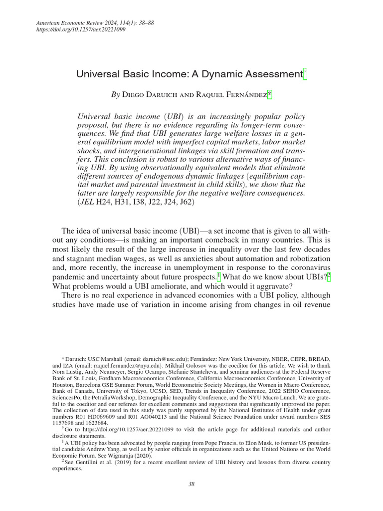Daruich Fernández 2023 Universal Basic Income A Dynamic Assessment | PDF | Taxes | Labour Economics
