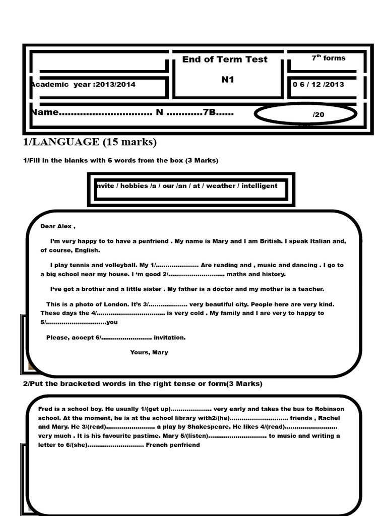 7th Form End of Term Test N1 | PDF