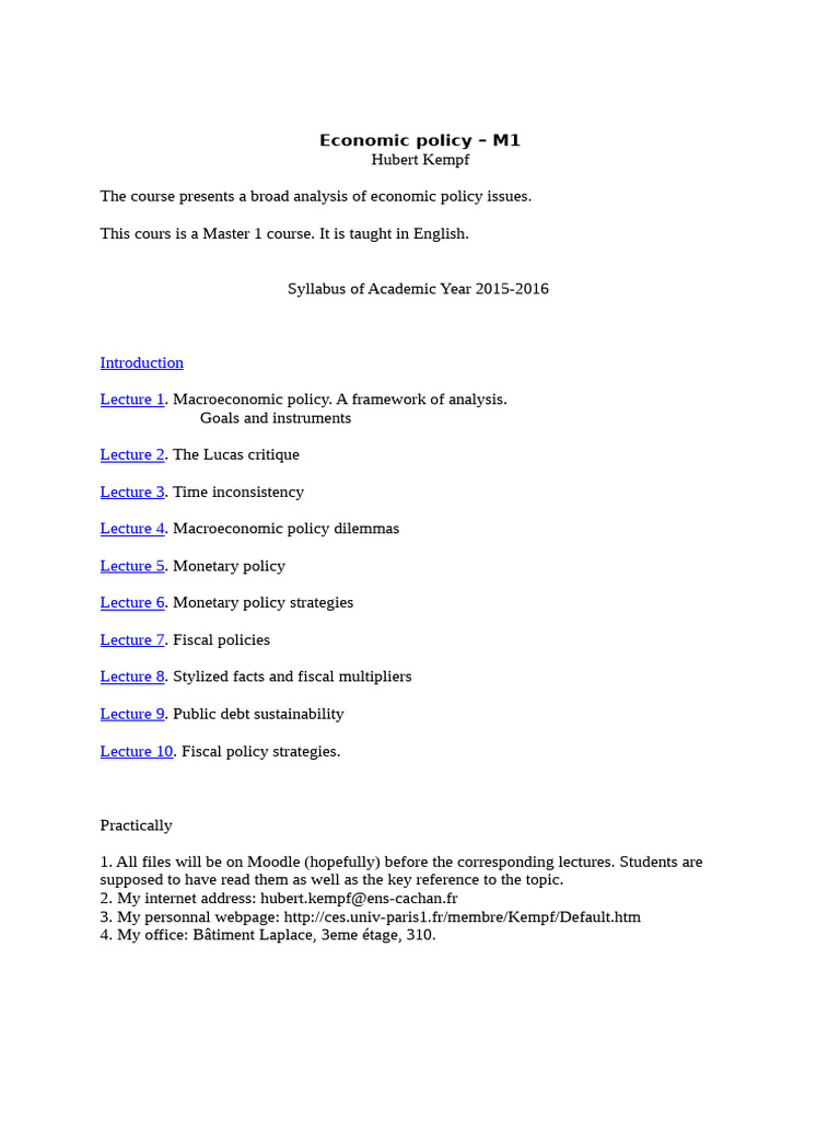 Economic Policy Analysis for Master 1 | PDF | Macroeconomics | Monetary ...