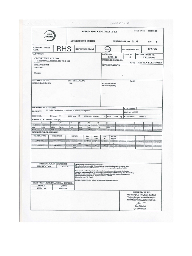 Certificado Placa de Inox 316L | PDF