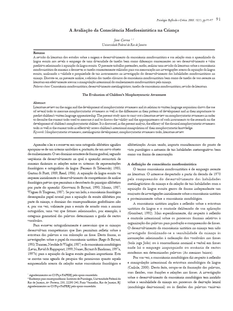 Consciência Morfossintática Infantil: Revisão e Avaliação | PDF ...