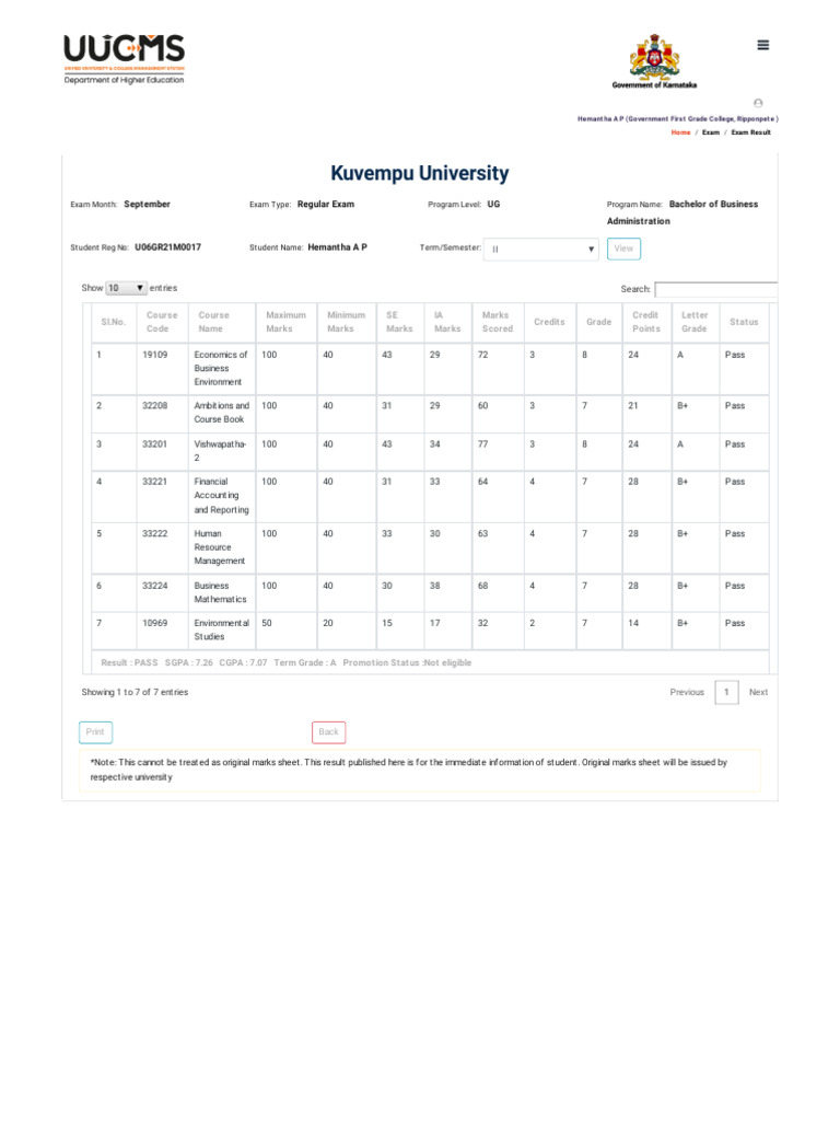 2nd Sem Marks Card | PDF