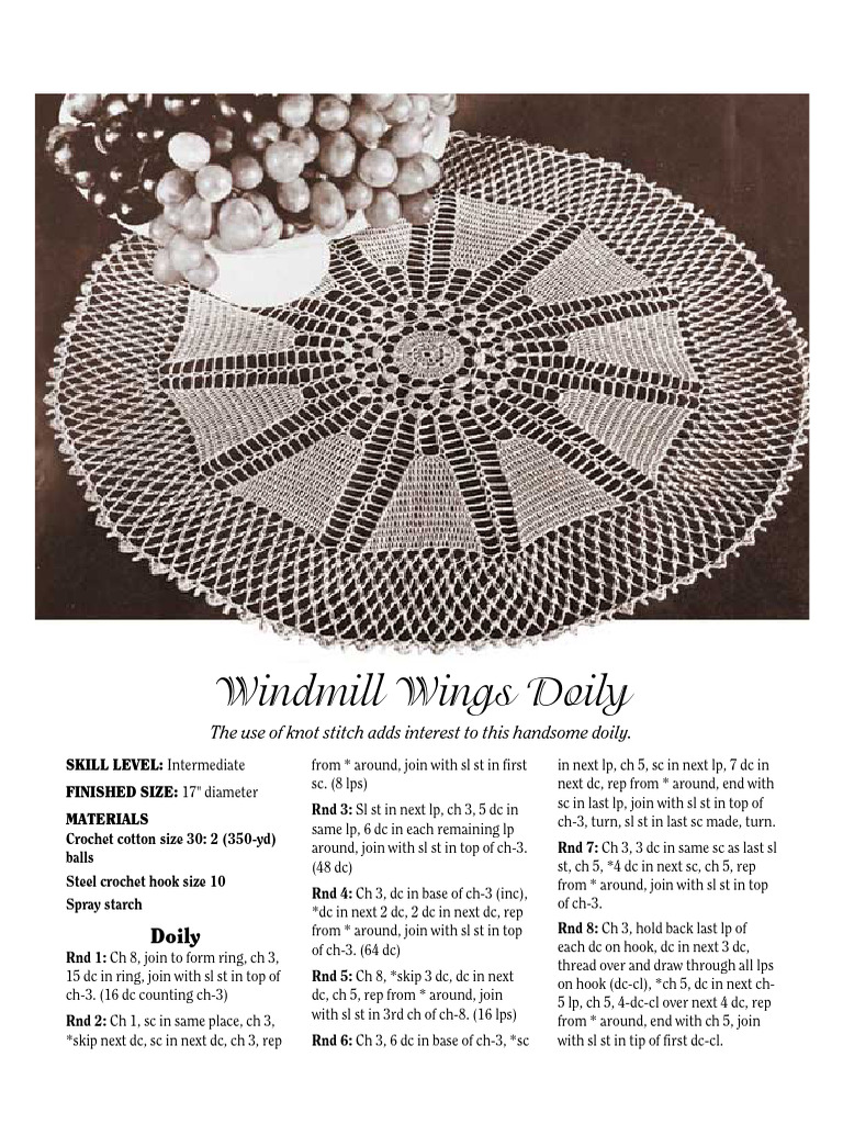 Windmill Wings Doily | PDF | Crochet | Figured Fabrics