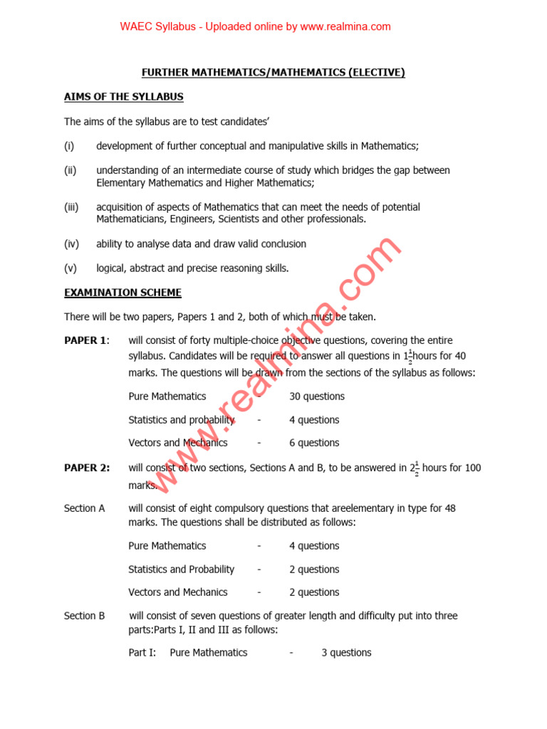 Further Mathematics Syllabus Overview | PDF | Function (Mathematics ...