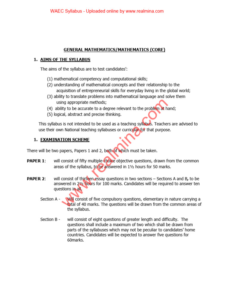 WAEC General Mathematics Syllabus | PDF | Trigonometric Functions | Area