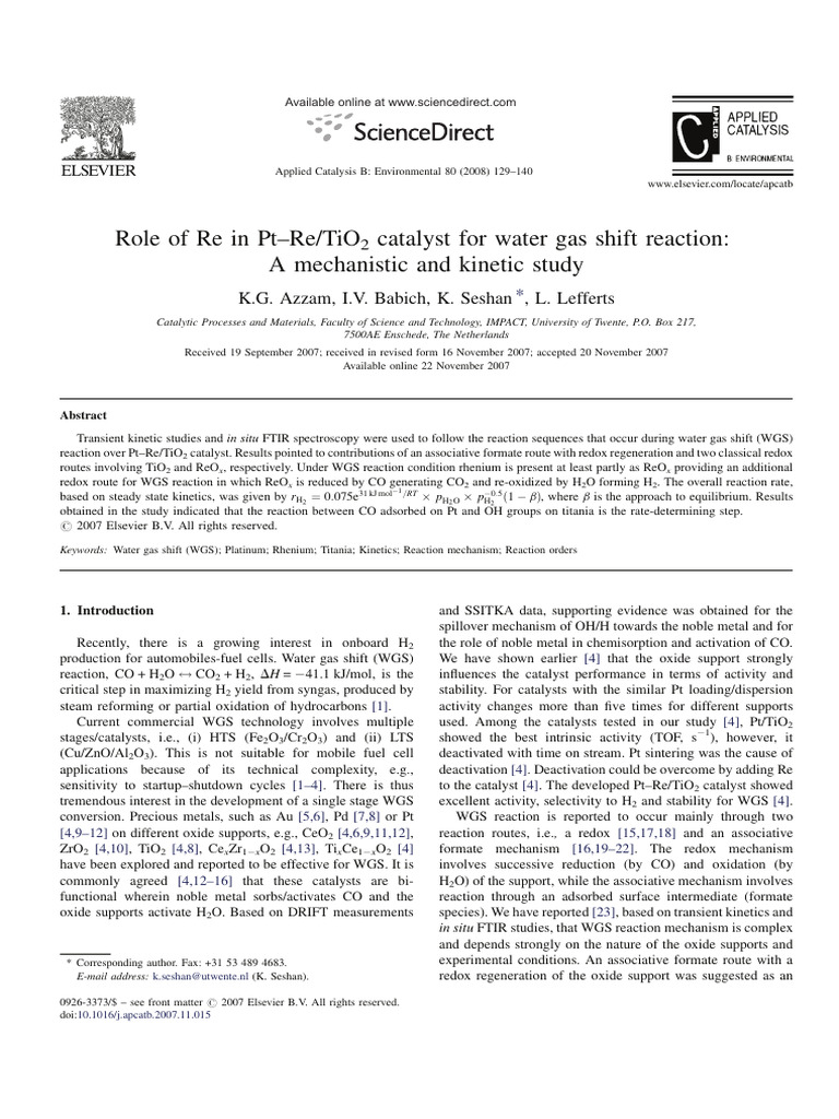 RoleofReinPtReTiO2WGS Seshan 2008 | PDF | Catalysis | Physical Chemistry