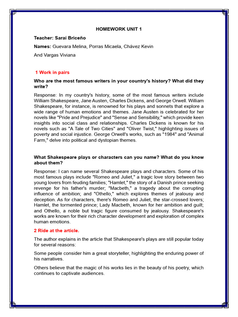 Homework Unit 1 | PDF | William Shakespeare | Romeo And Juliet